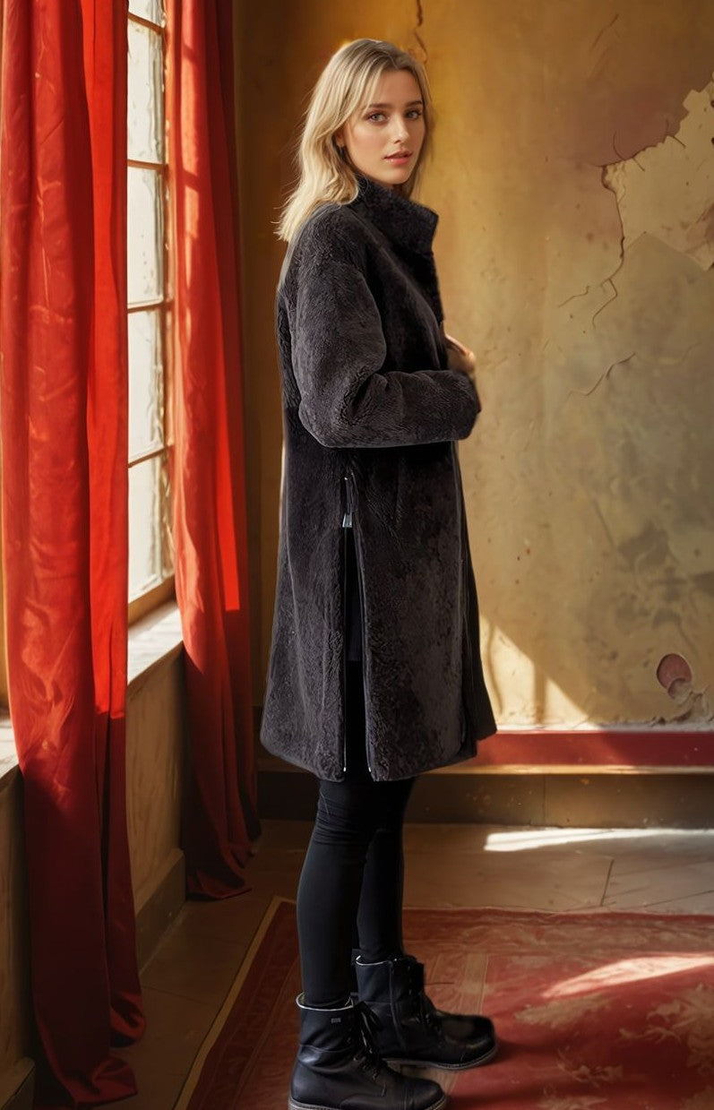 Filuka 100 cm. - Lamme pels jakke - Dame - farve Taupe og coffee ...